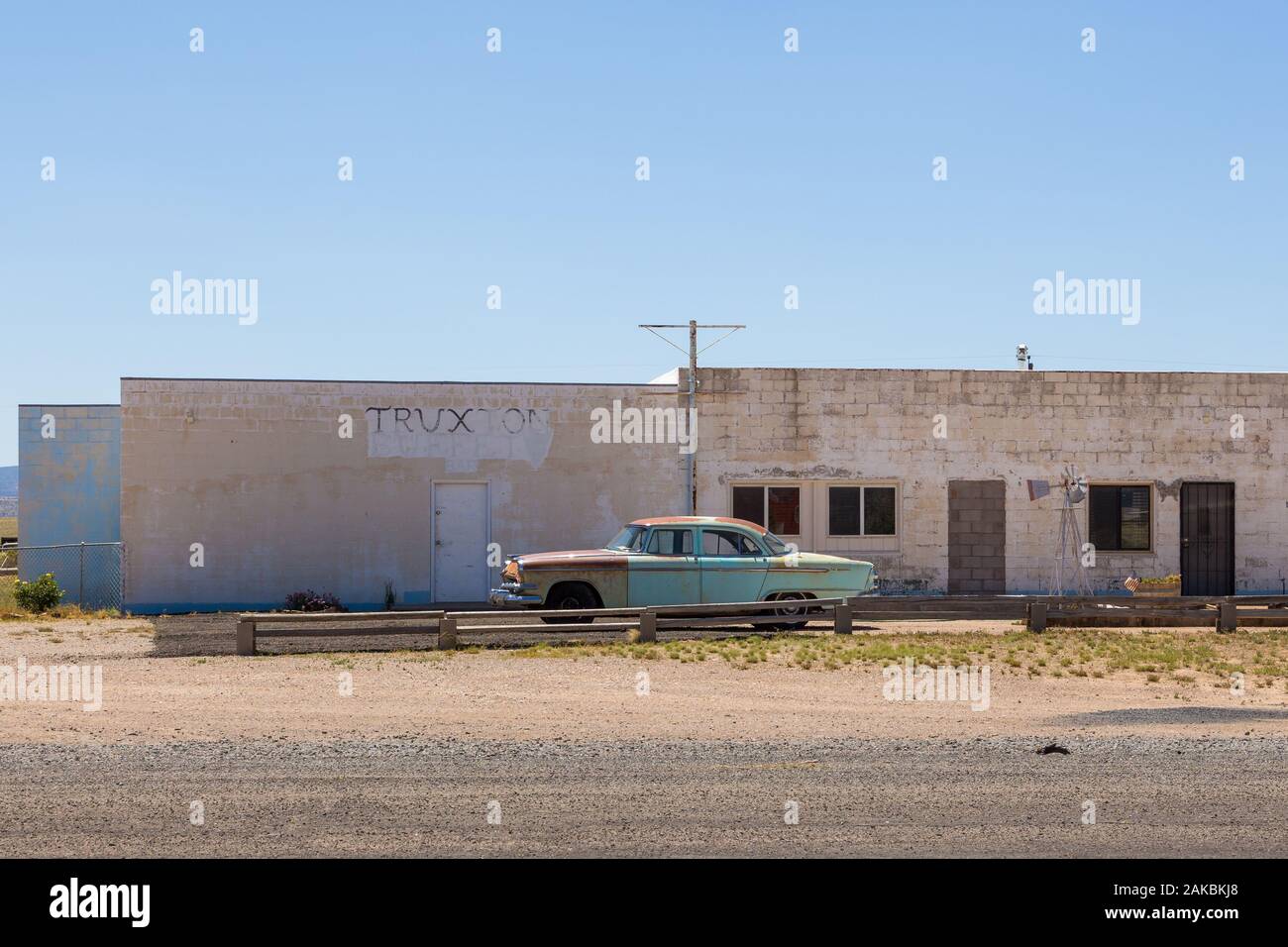 Truxton, Arizona, USA- 01 June 2015: Abandoned building and old car on ...