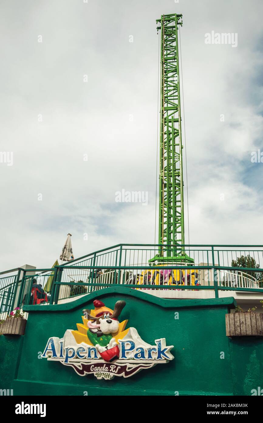 The Alpen Turbo Drop ride and logo of Alpen amusement park near Canela ...