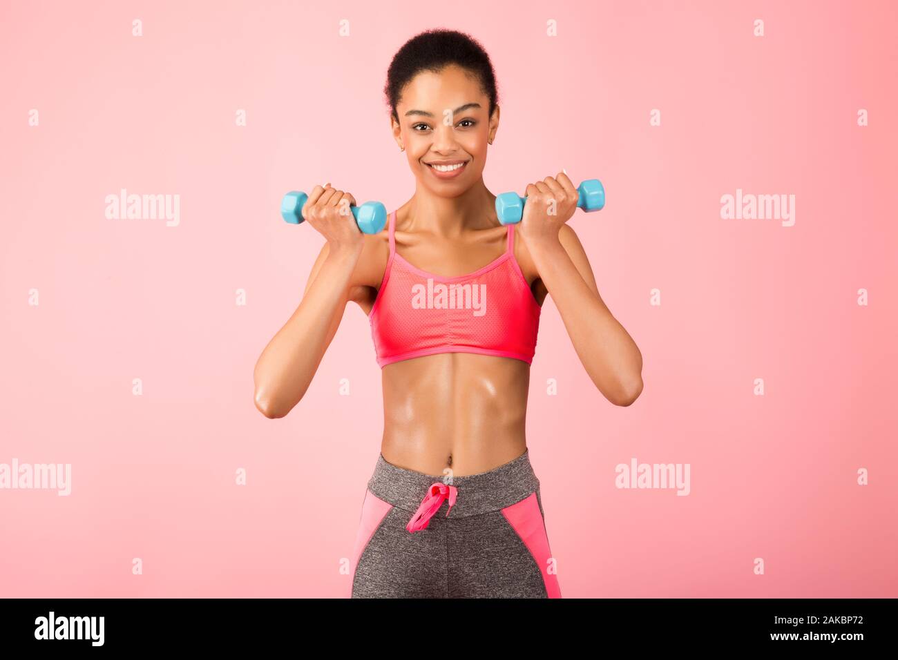 Workout. Smiling Afro Girl Doing Dumbbell Biceps Curl Exercise Over ...