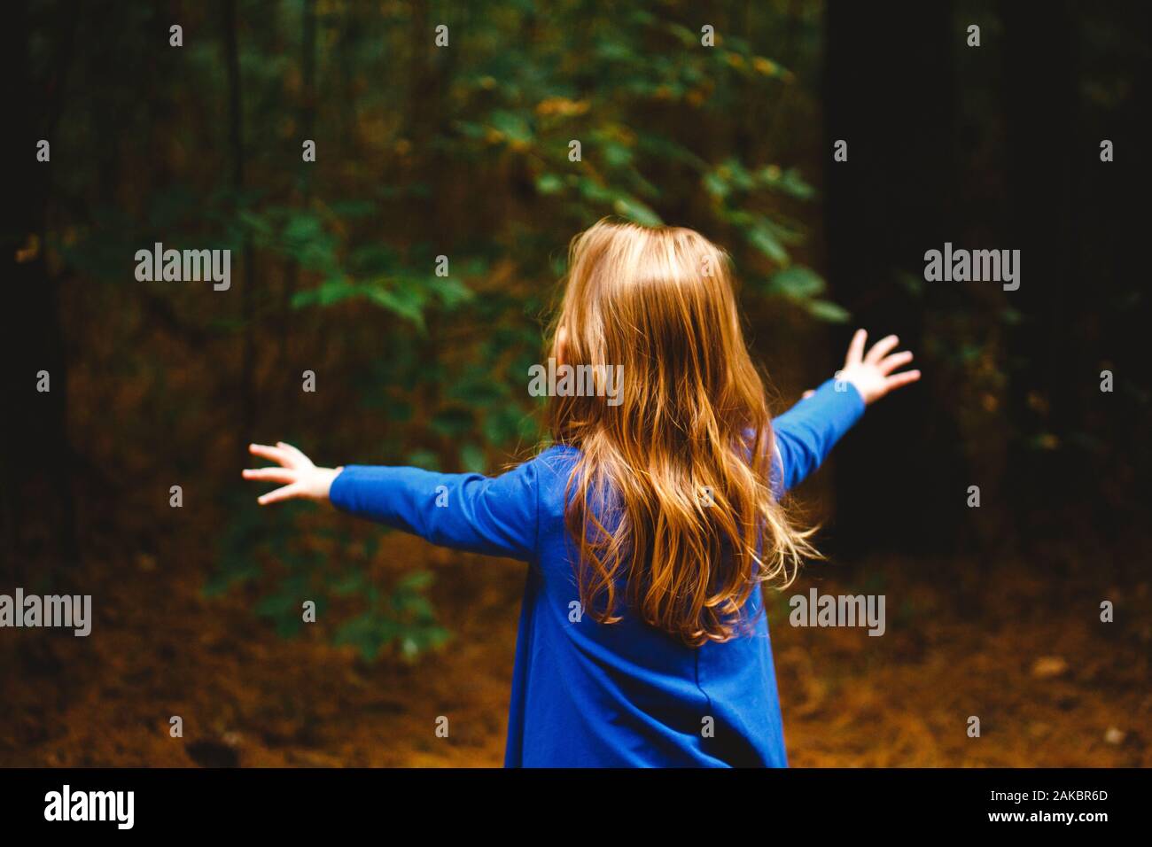 A small girl throws out arms to embrace the dark woods in front of her ...