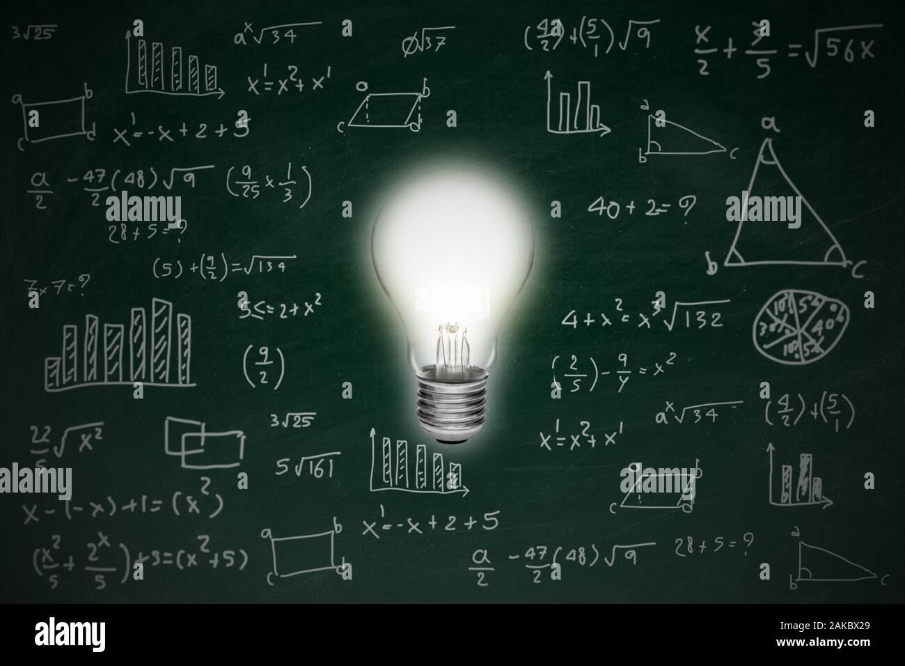 Chalkboard with math formula and idea concept bright glowing light bulb ...