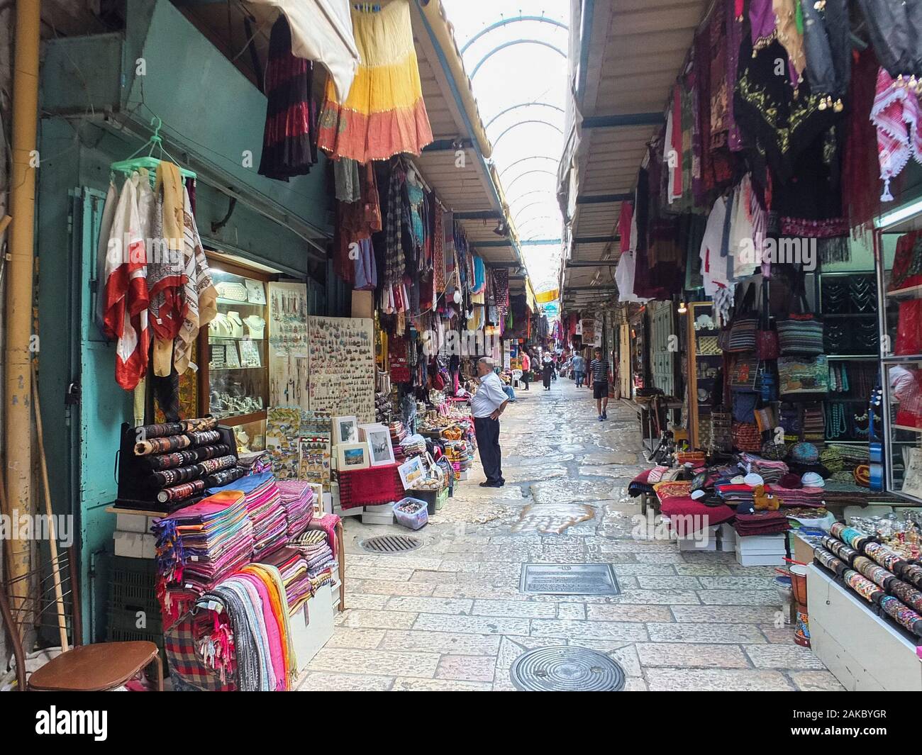 Jerusalem, Israel - June 21, 2015: scarves, clothes and souvenirs for ...
