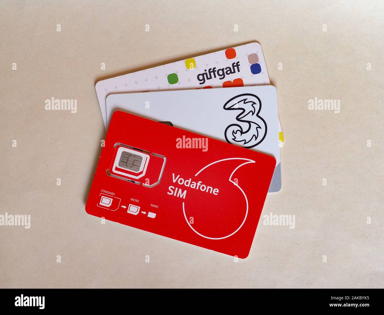 LONDON, UK - CIRCA OCTOBER 2019: Vodafone, Three and Giffgaff mini ...