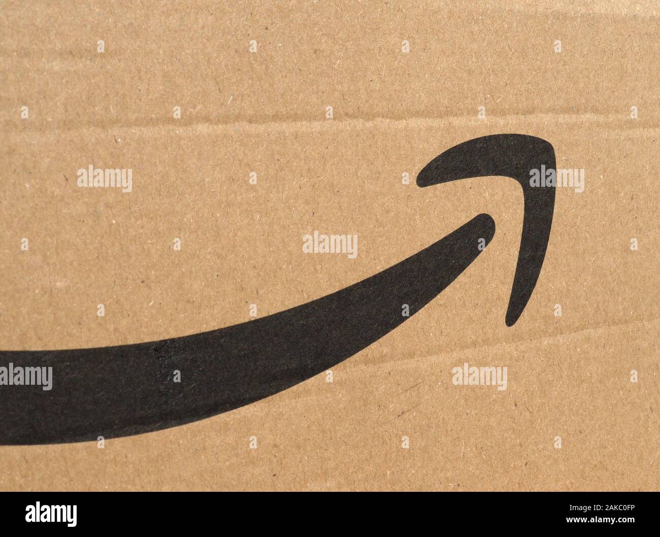 SEATTLE, USA - CIRCA NOVEMBER 2019: Amazon sign on cardboard packet ...