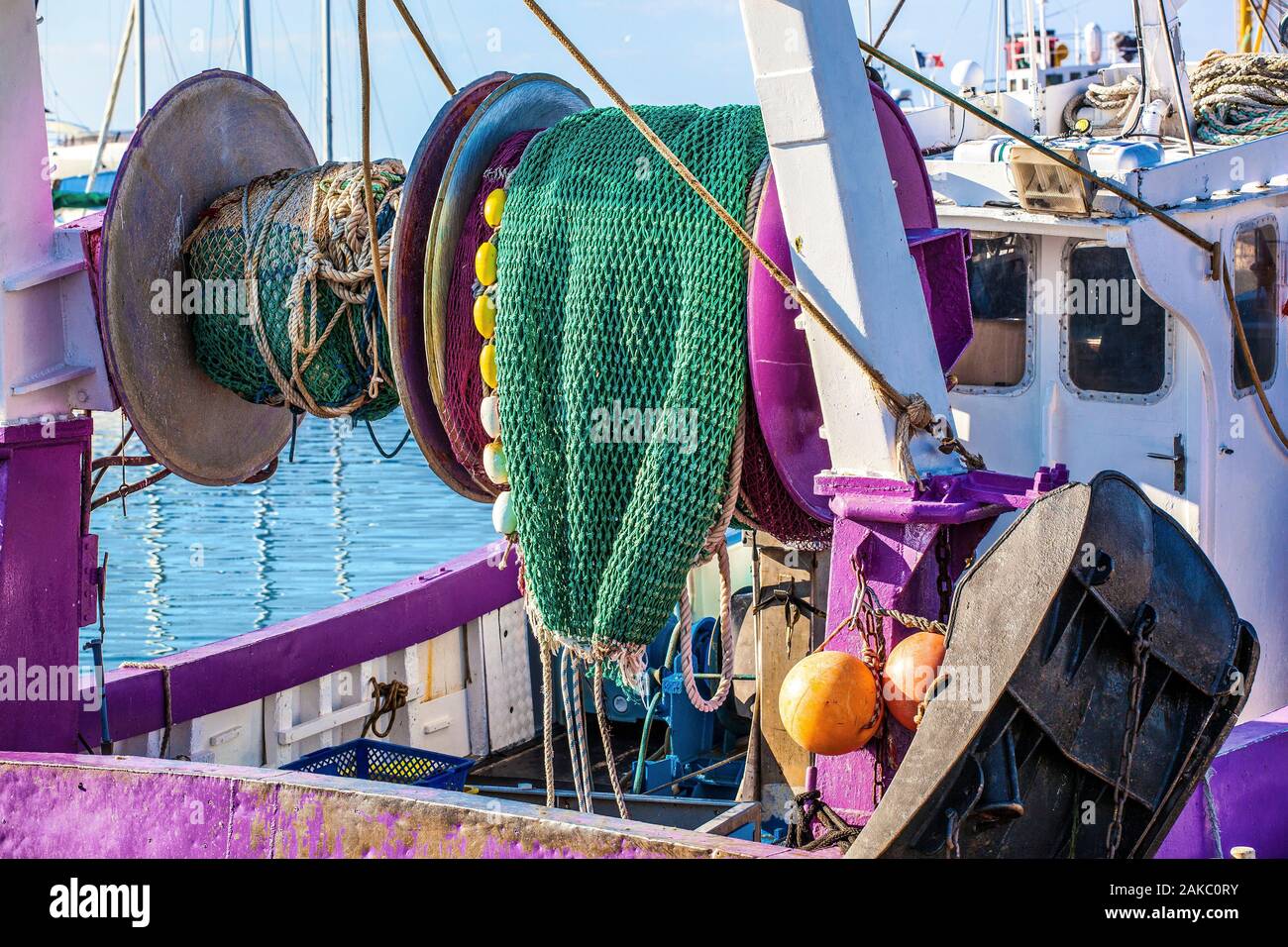 France, Morbihan, Quiberon peninsula, fishing nets wrapped on a fishing ...