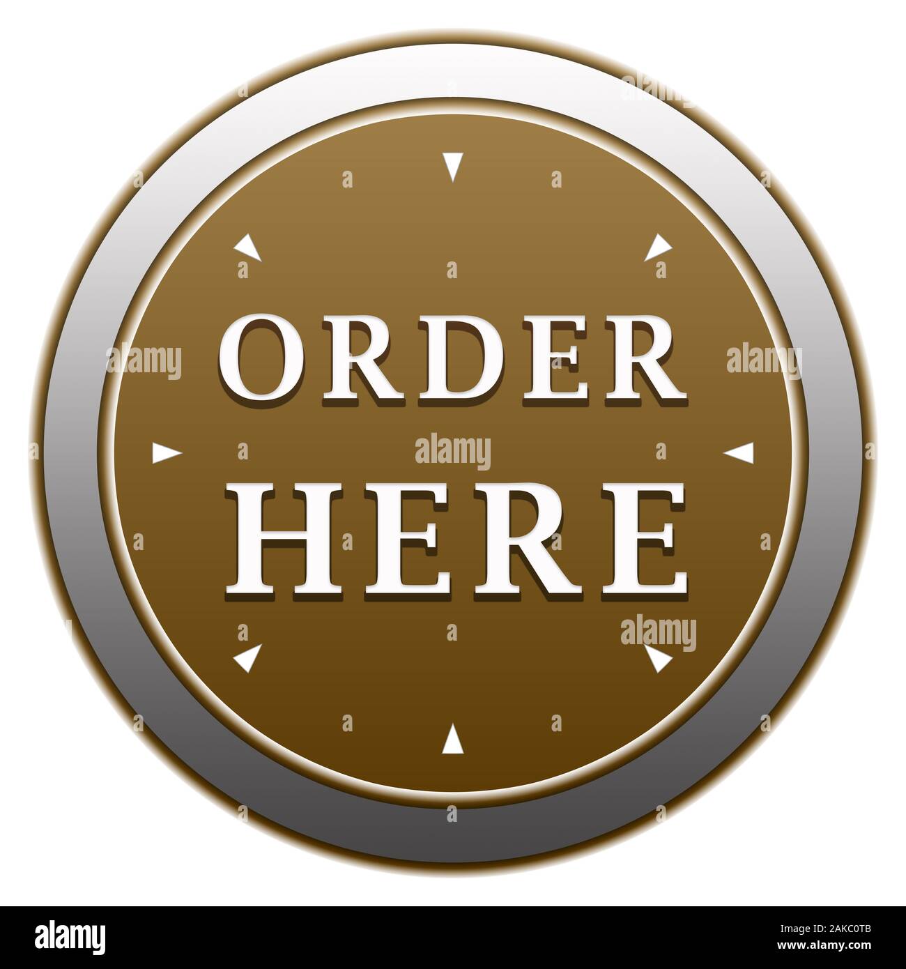 Circular brown button order here with arrows on a white background ...