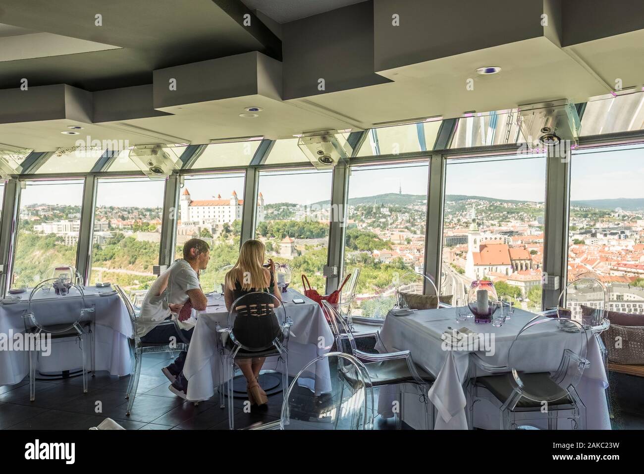Slovakia, Bratislava, restaurant of the panoramic tower of the Novy ...