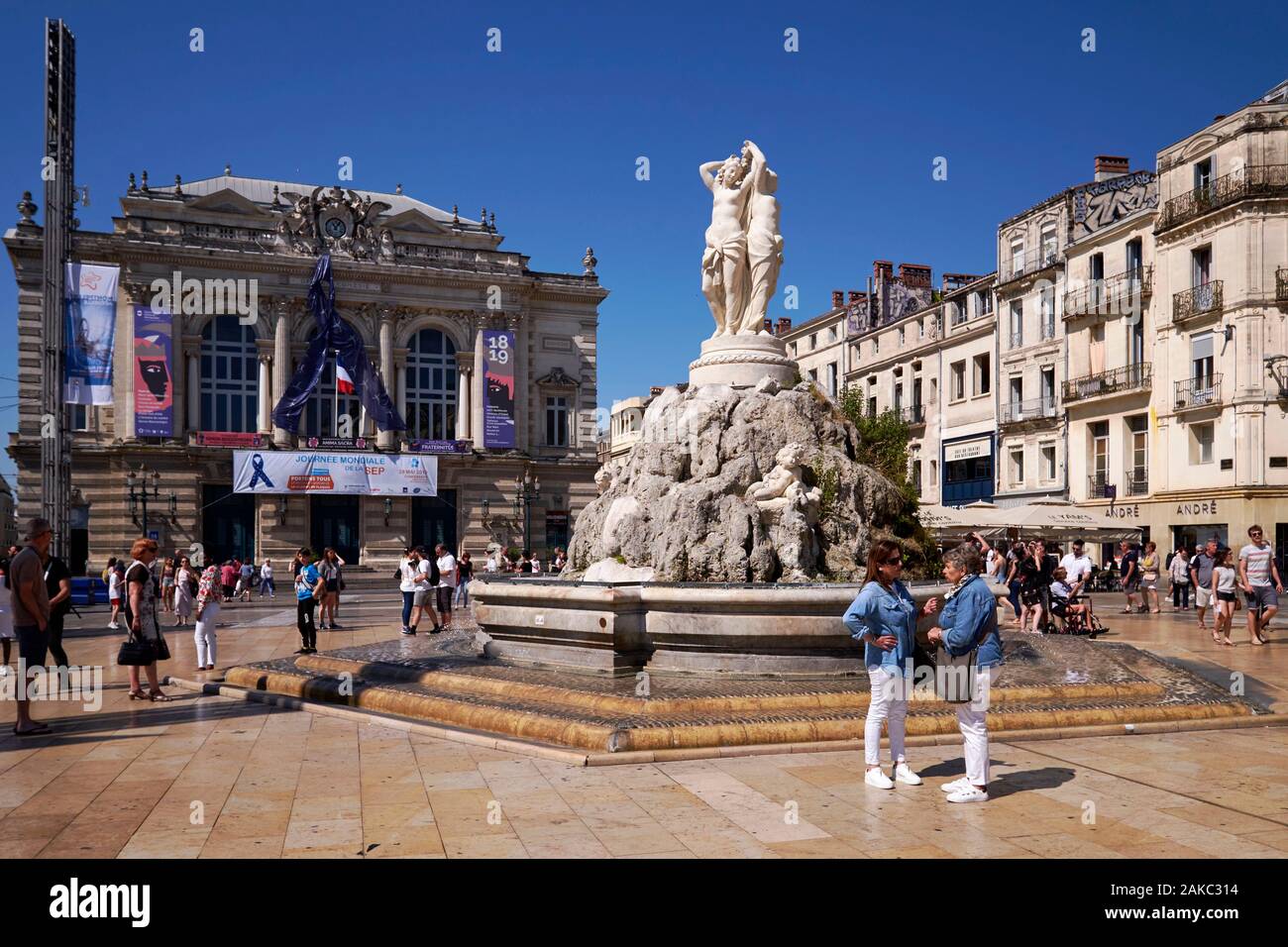 France, Herault, Montpellier, Comedie Place, Opera house and fountain ...
