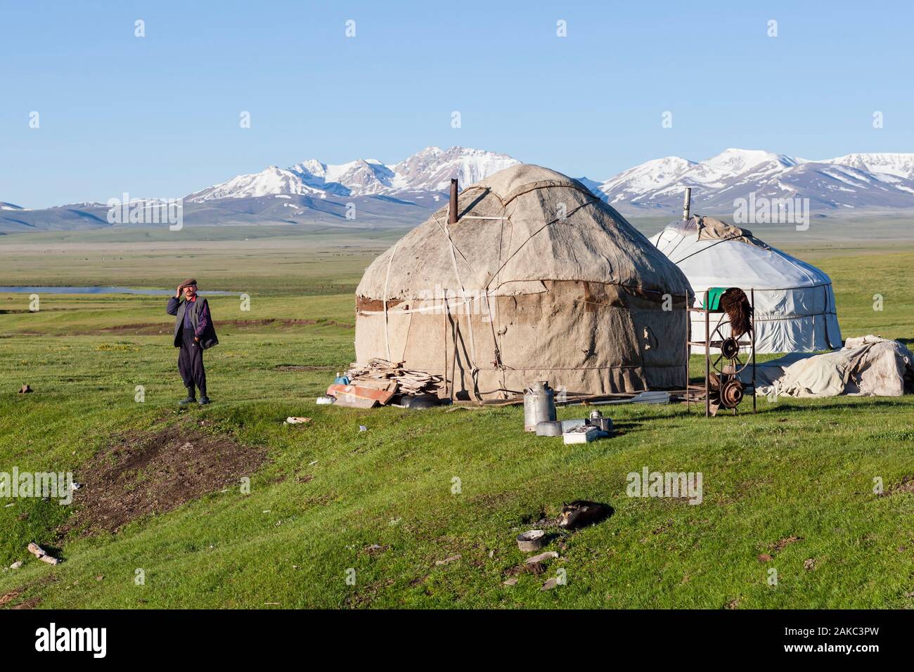 Kyrgyzstan, Naryn Province, Son-Kol Lake, altitude 3000m, man in front ...