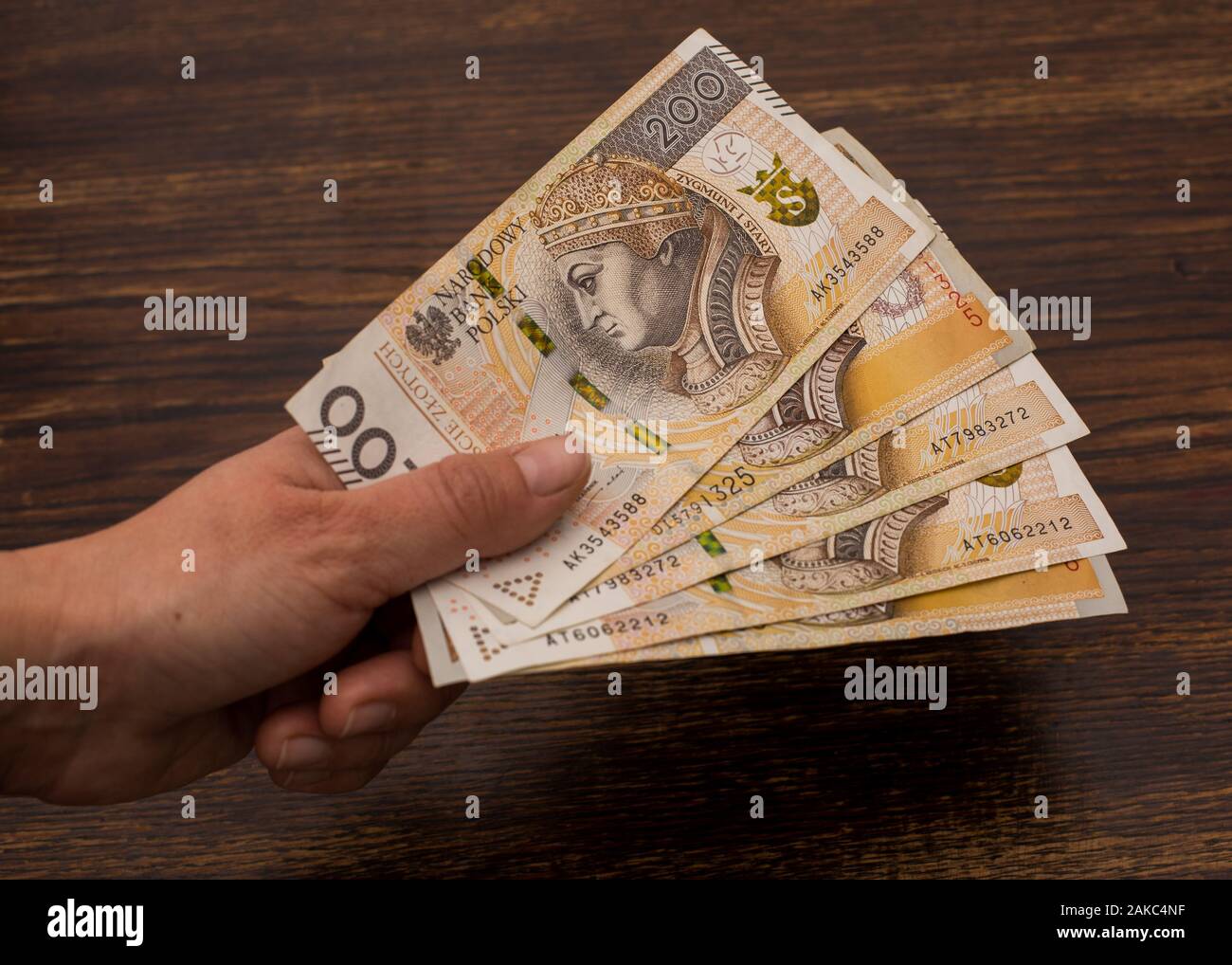 close up of 200 zloty banknotes Polish money, zloty, PLN held in a fan ...
