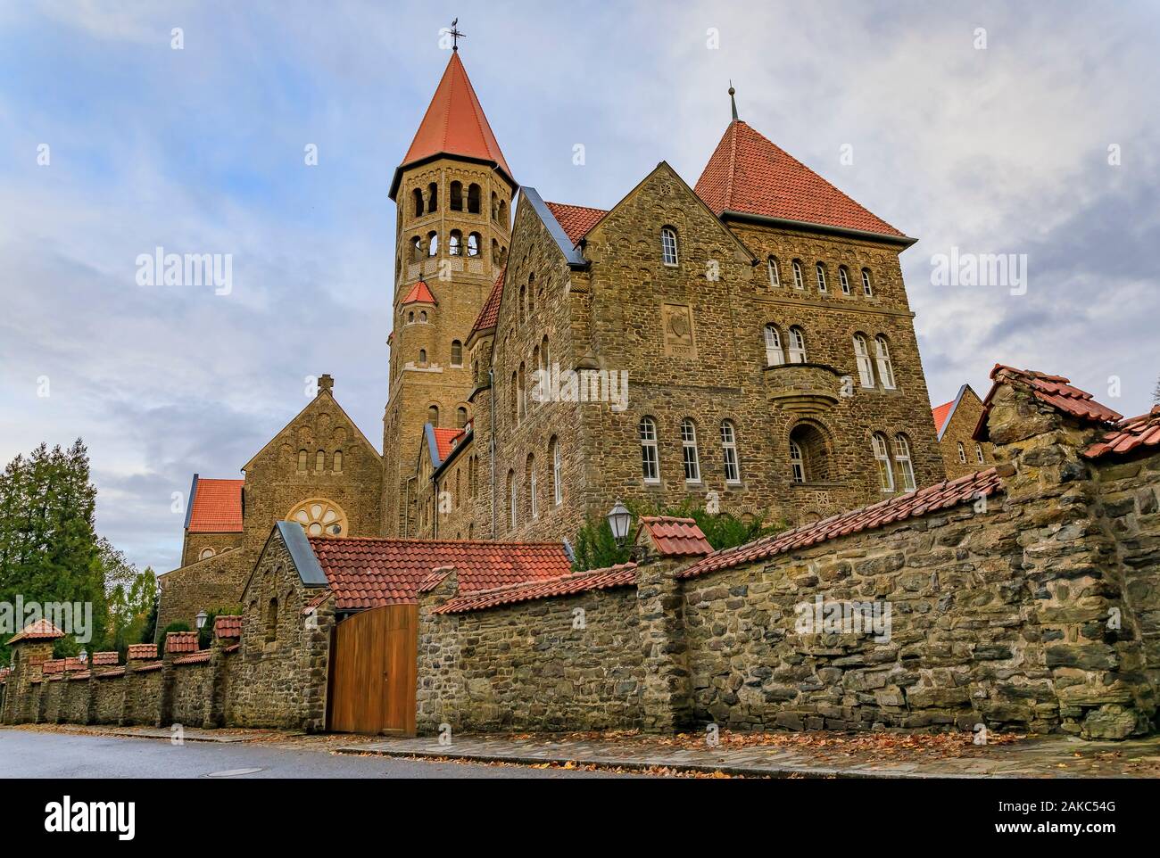 19th century neo romanesque stone Clervaux Abbey, monastery of Saint ...