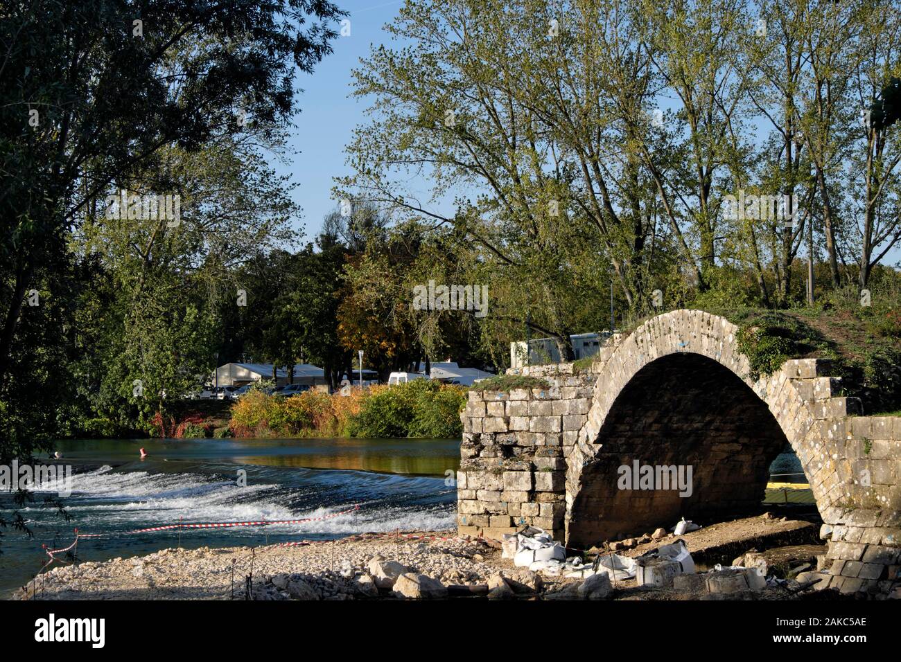 France, Jura, Dole, the Doubs river, remains of the Romanesque bridge ...