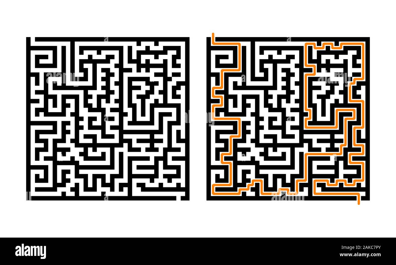 Logical game with solution. Children maze. Square labyrinth with entry and exit. Black lines on ...