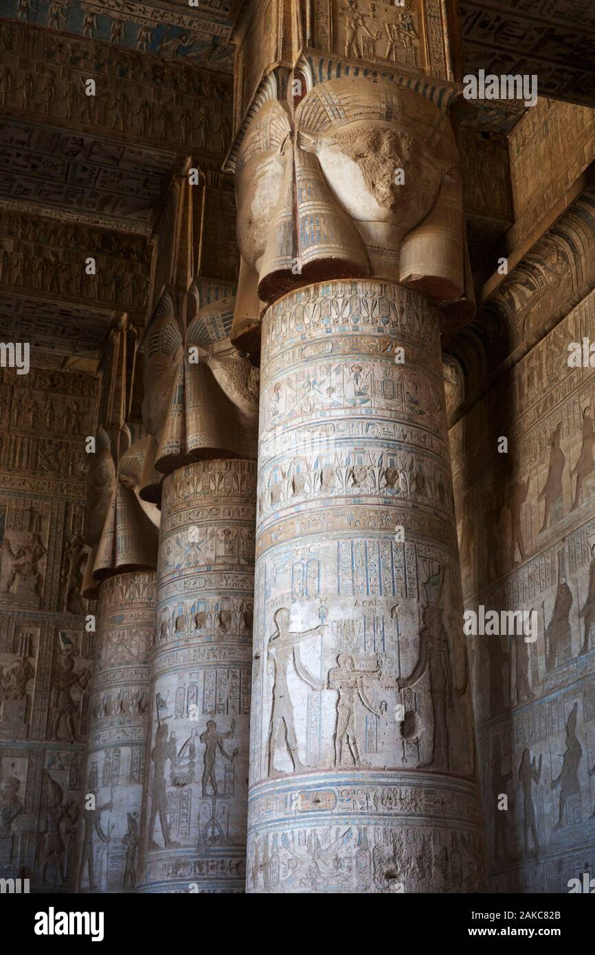 Egypt, Upper Egypt, Nile Valley, Dendera, columns engraved with bas ...