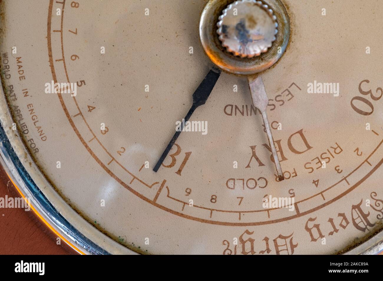 Close up of an old antique barometer indicating high pressure and fine ...