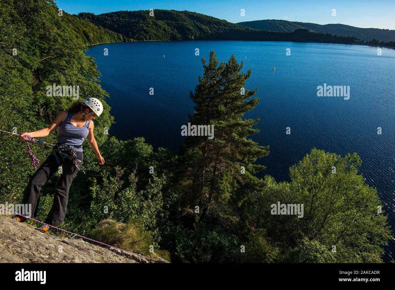France, Ardeche, Le Lac d'Issarles, climbing area of the Dame du Lac ...