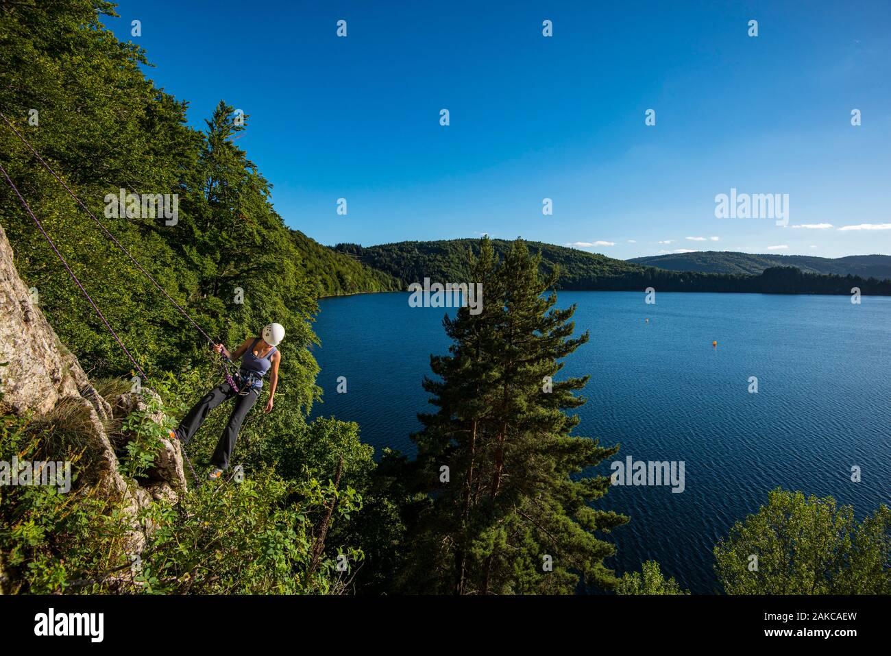 France, Ardeche, Le Lac d'Issarles, climbing area of the Dame du Lac ...