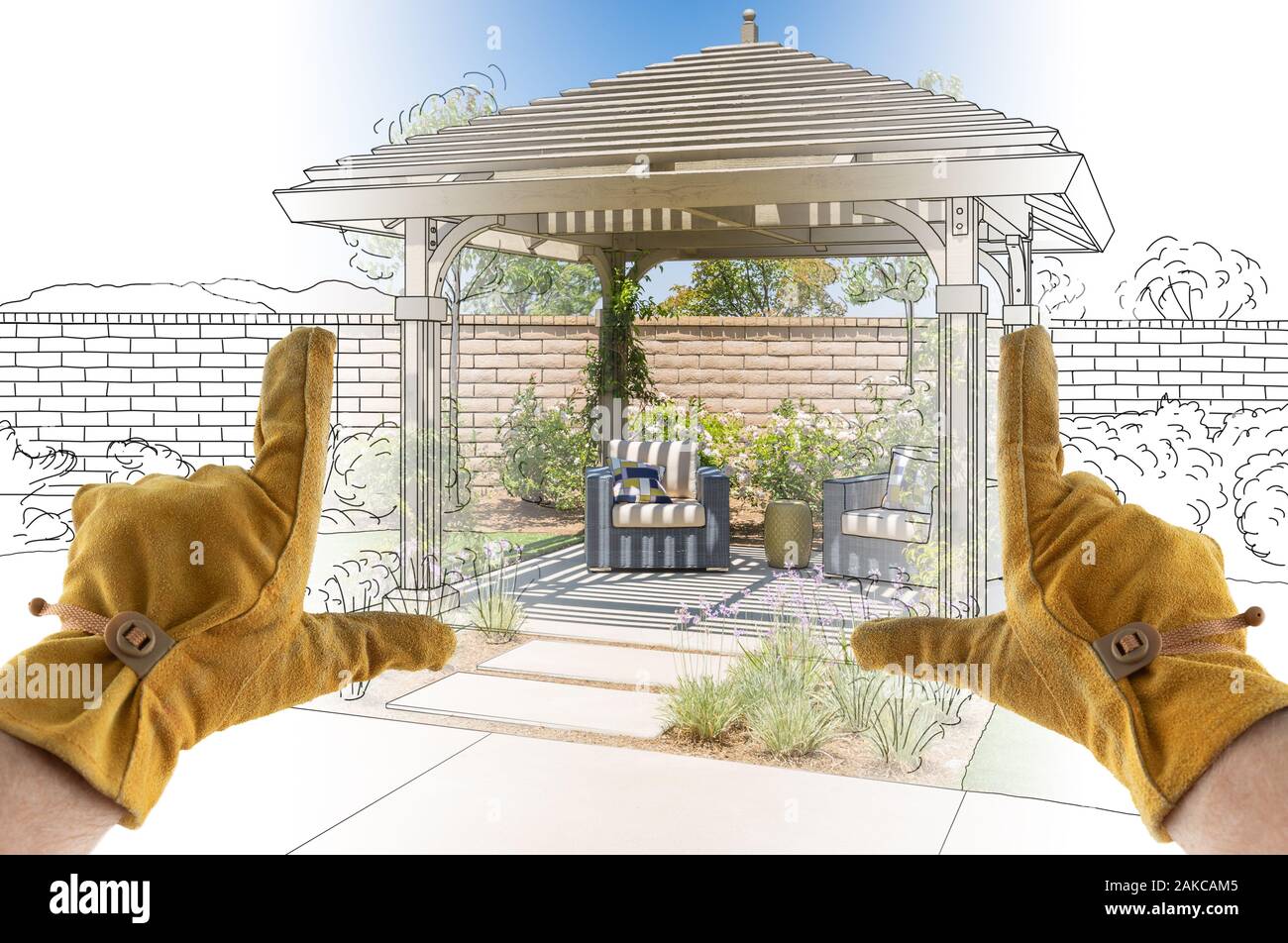 Male Contractor Hands Framing Completed Section of Custom Pergola Patio ...