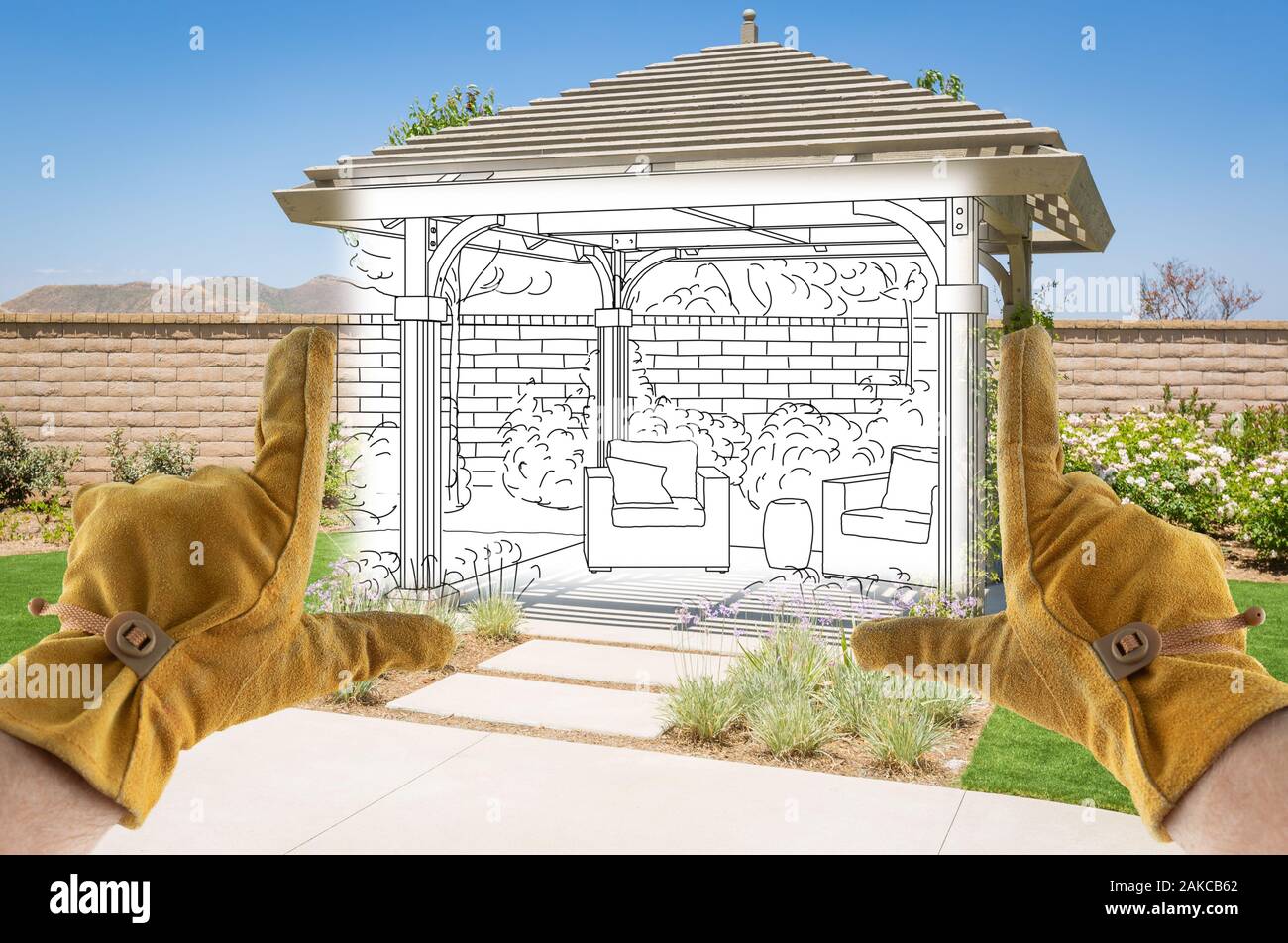 Male Contractor Hands Framing Completed Section of Custom Pergola Patio ...