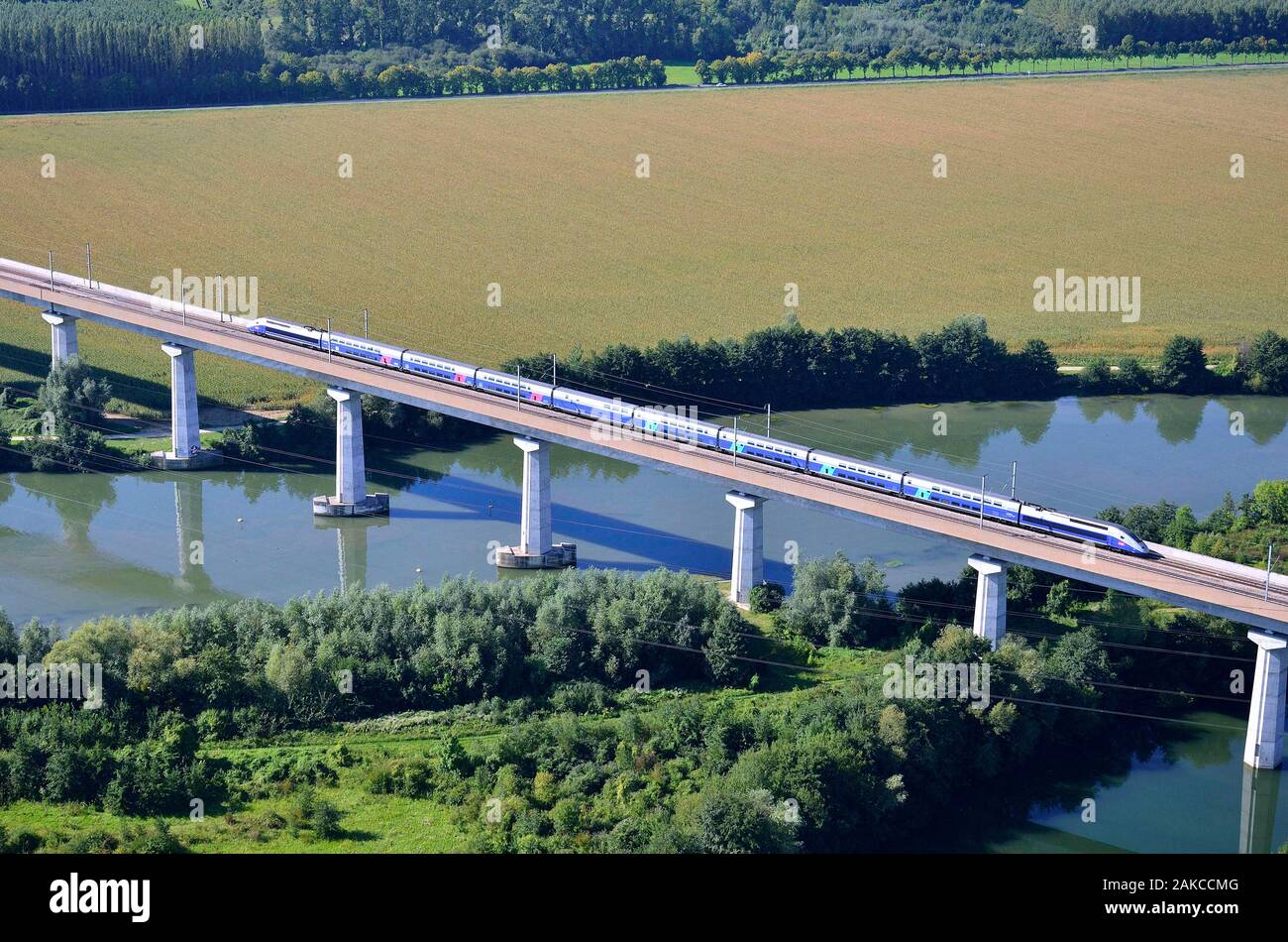 France, Oise (60), TGV on the Viaduc de Verberie, (aerial view Stock ...
