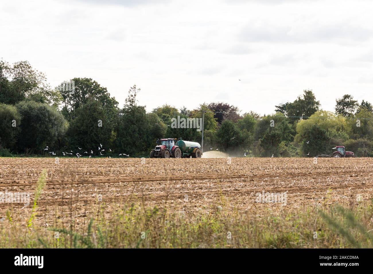 A tractor spreading slurry, fertilizer on the field ready to plant new ...