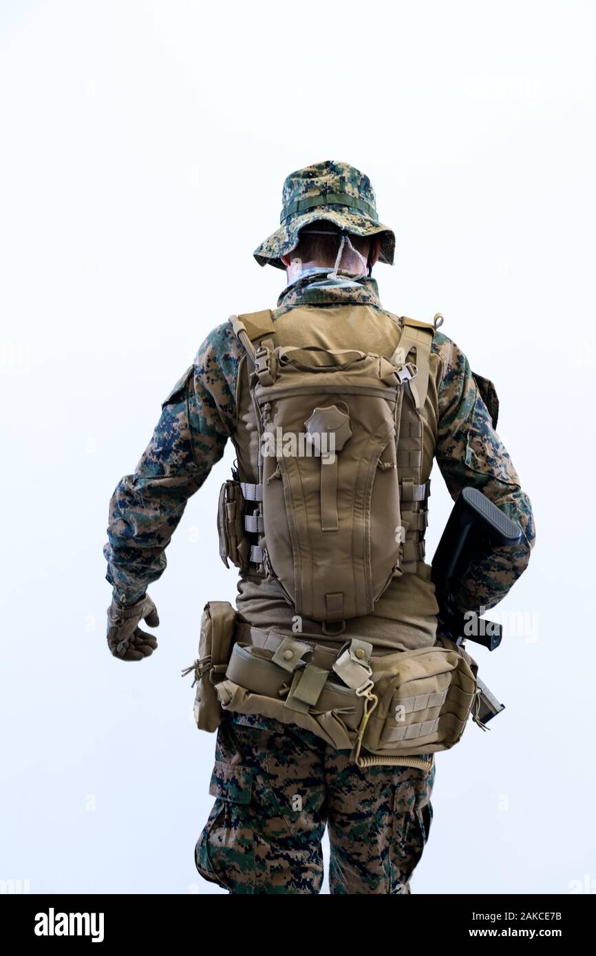 modern warfare soldier going in battle rear view concept of future and ...