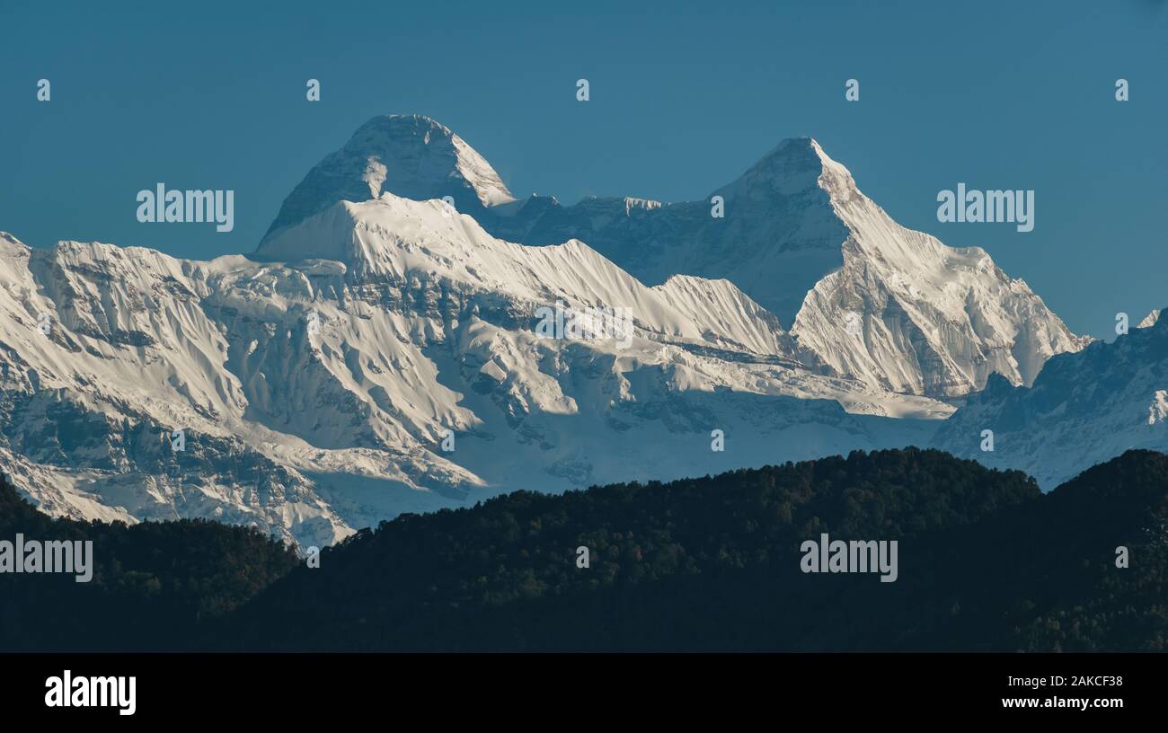 A view of a landscape of scenic Himalayas peaks from a hillside in the ...