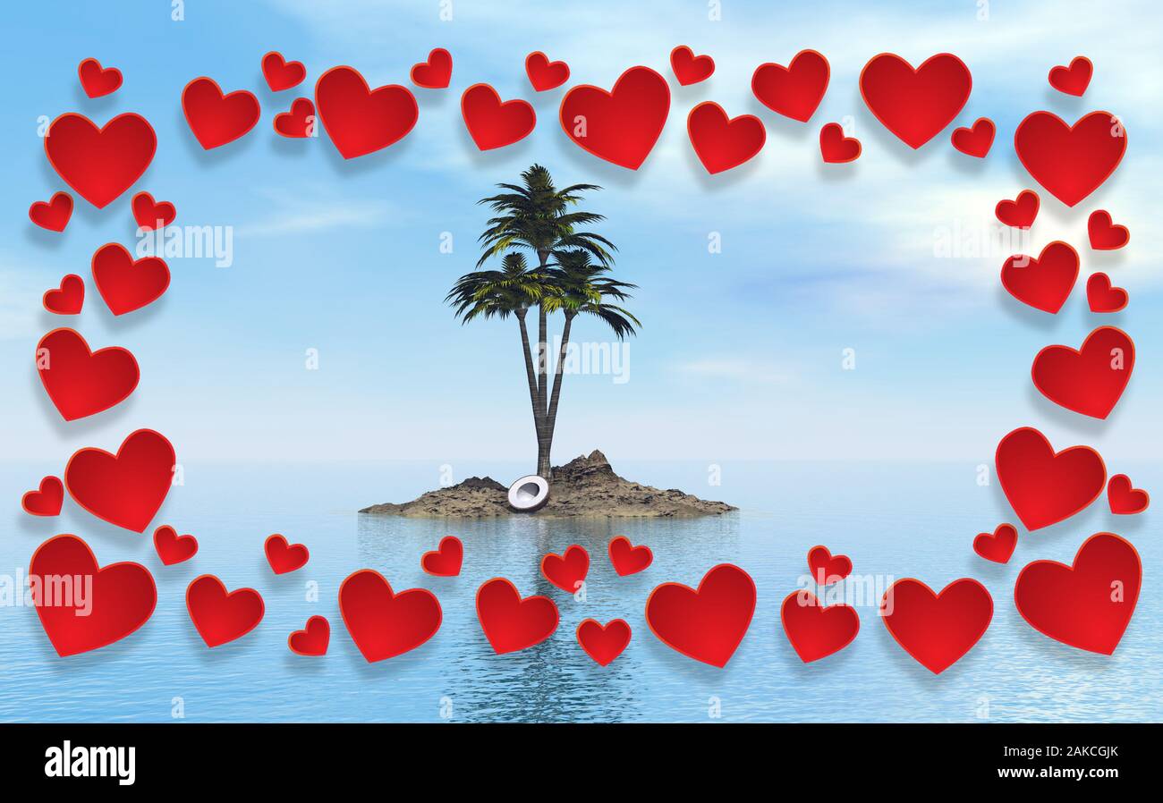 Red hearts frame in front of beautiful island in the ocean - 3D render ...