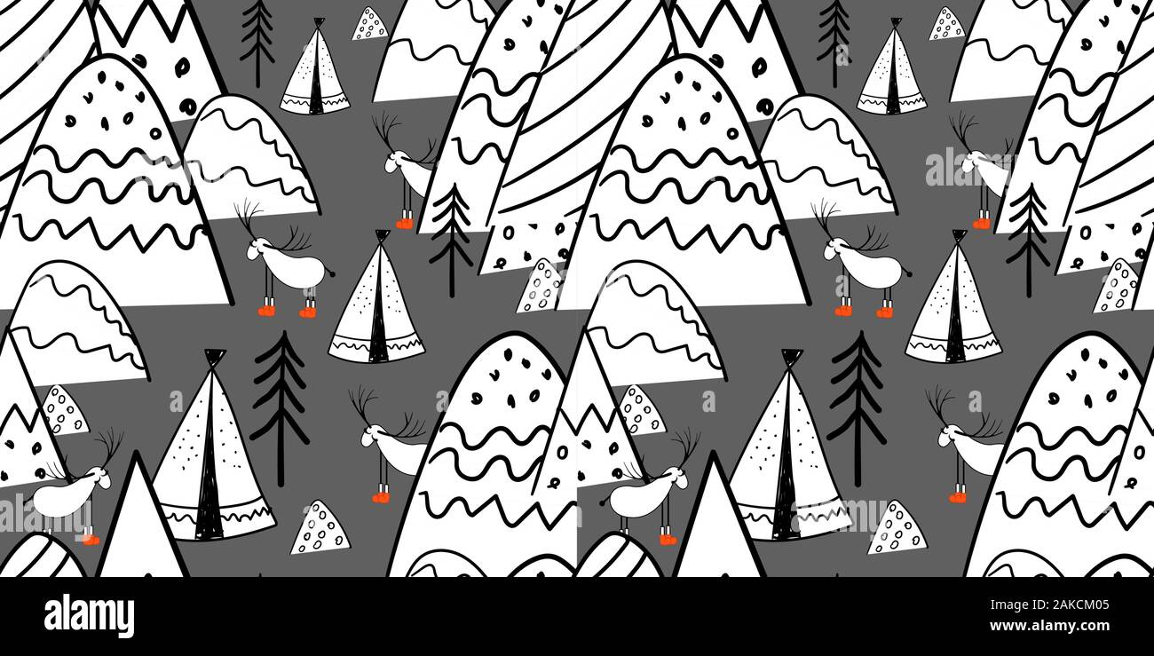 Northern forest. Illustration in folk style. Stylized mountains ...