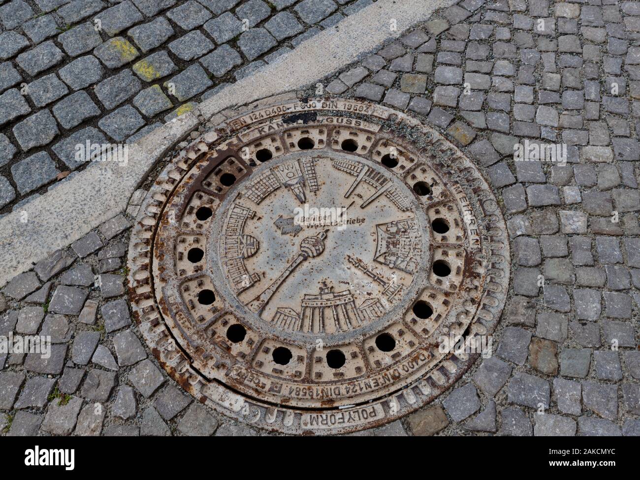 Berlin, Germany - June 2019: Manhole cover featuring popular landmarks ...