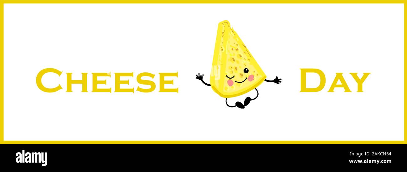 Horizontal banner. Postcard to the day of cheese. Cute cheesy character ...