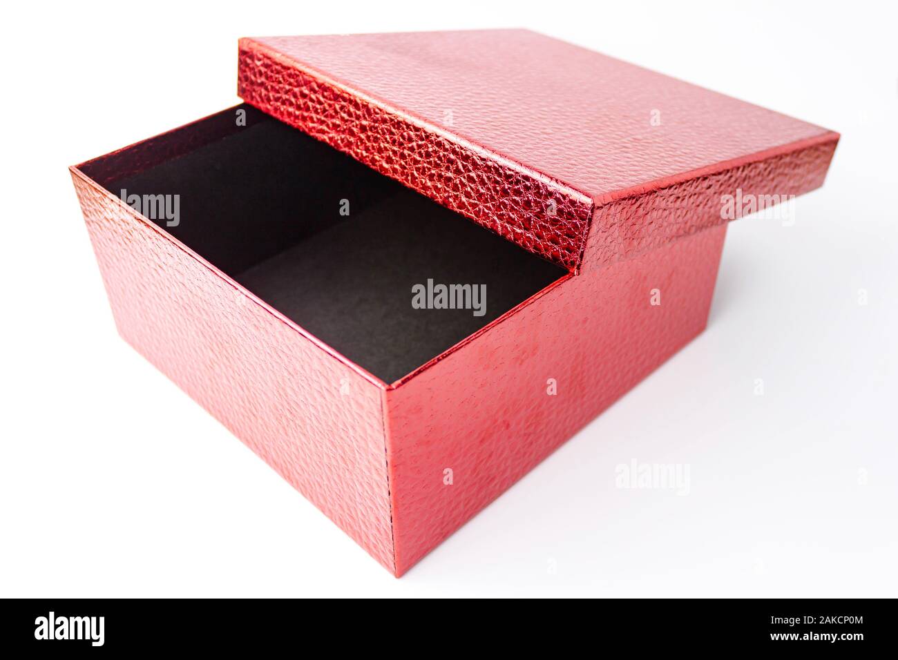 Single red color open gift paper cardboard leather embossed box on ...
