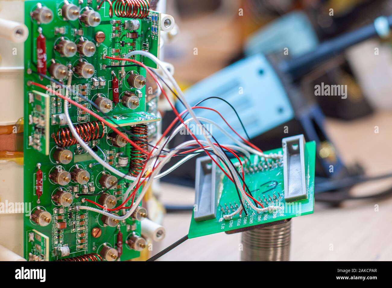 Electronic board, with components and cables, during a laboratory ...