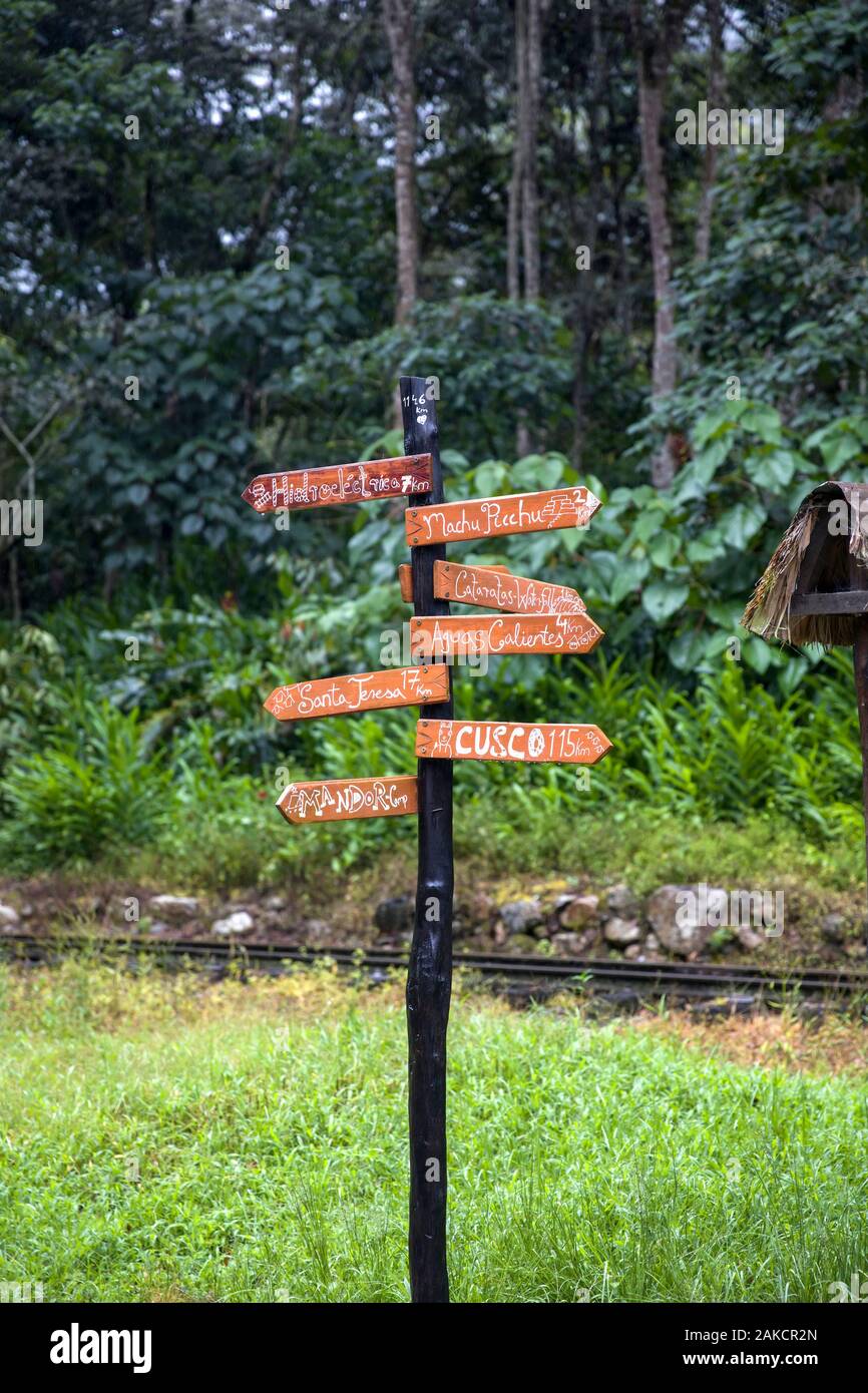View at wooden signs near Machu Picchu in Peru Stock Photo - Alamy