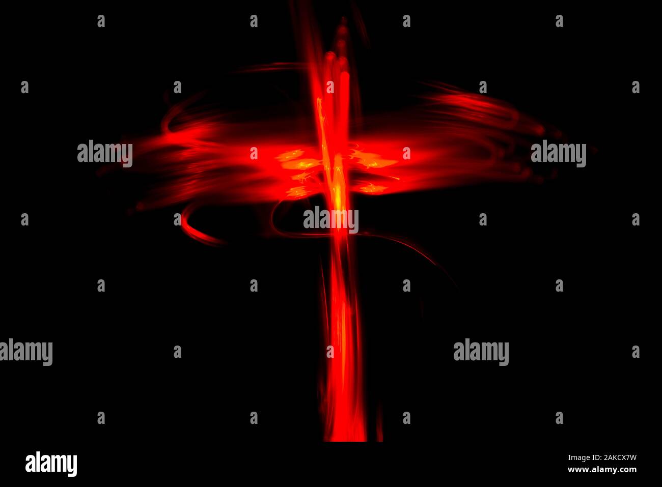 Red colored crucifix like light painting abstract background on a black ...