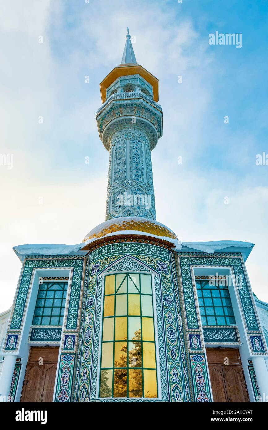 Muslim mosque in the Siberian city. View from below. Vertical snapshot ...
