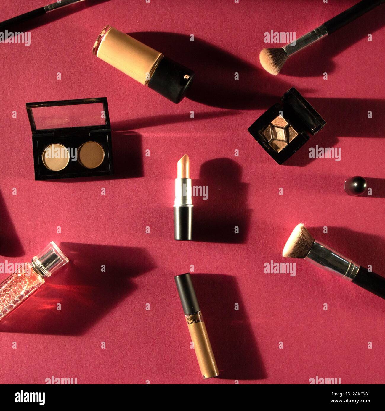 Woman flat lay makeup background with set of decorative cosmetics with ...