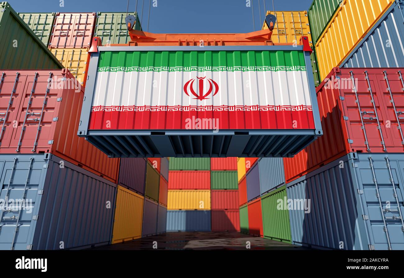 Container Terminal - Shipping Container with Iran flag. 3D Rendering ...