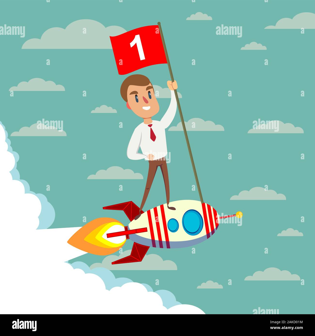 Happy businessman holding number one flag standing on rocket ship ...