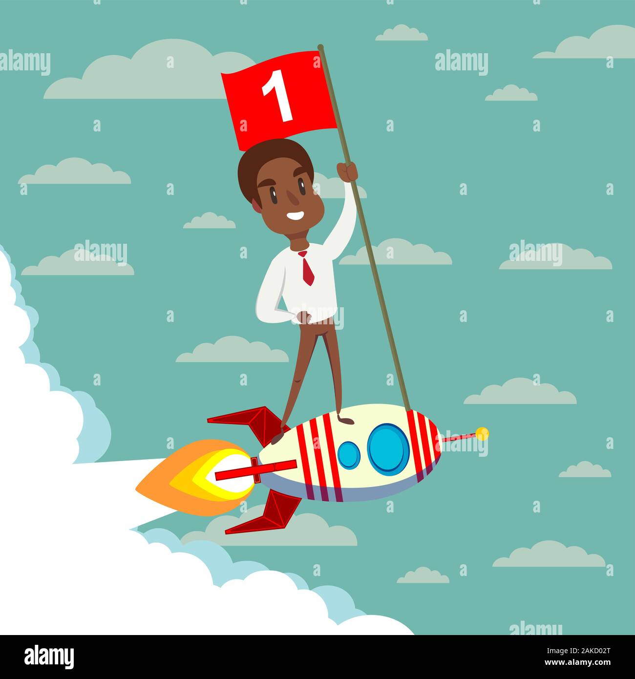 Happy businessman holding number one flag standing on rocket ship ...