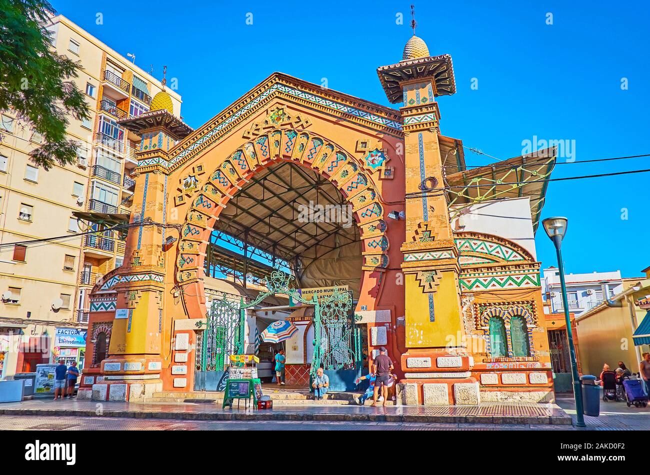 MALAGA, SPAIN - SEPTEMBER 26, 2019: The outstandung Neo-Mudejar facade ...