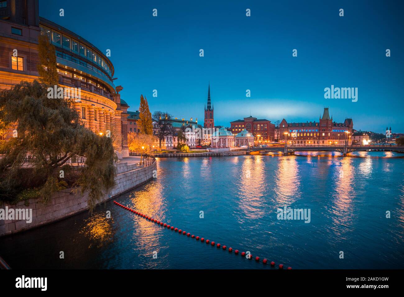 Stockholm city center with Riksdag building during blue hour at dusk ...