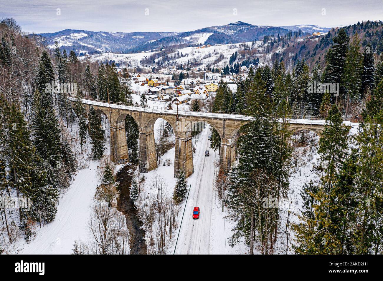 Aerial drone view on railway viaduct at winter Stock Photo - Alamy