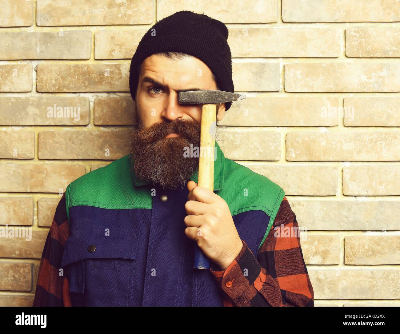 bearded worker man, long beard, brutal caucasian hipster with moustache ...
