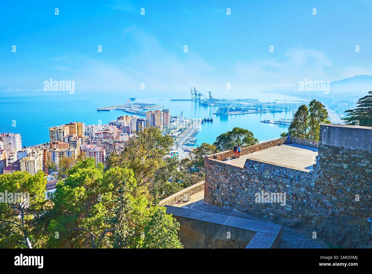 The tall ramparts of Gibralfaro castle, located on the hilltop, serve ...