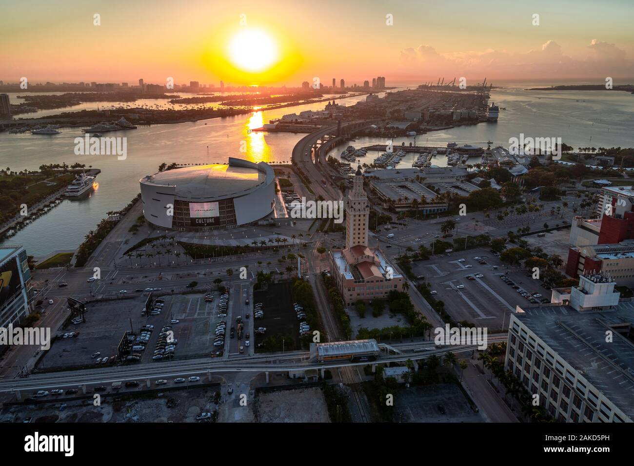 Aerial view of sunrise over Miami harbor Stock Photo - Alamy
