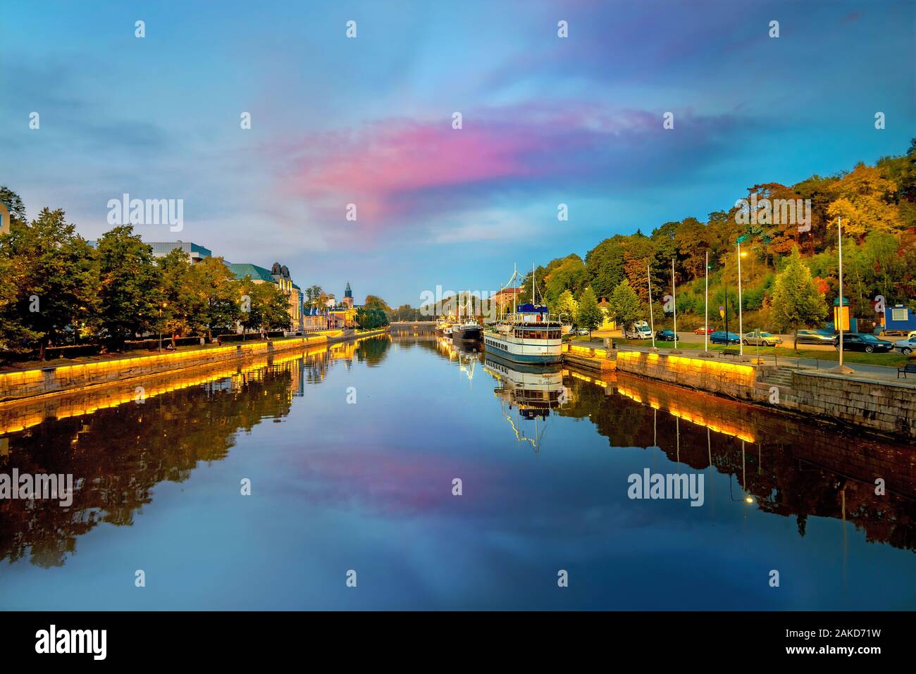 Night view of embankment and Aura river from Theatre bridge in Turku ...