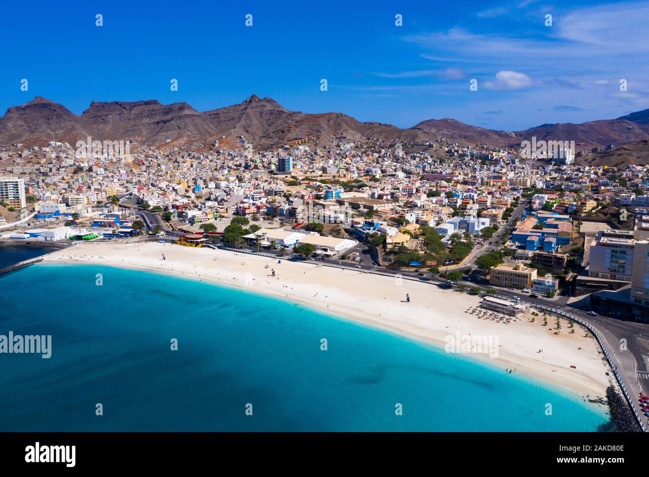 Aerial view of Laginha beach in Mindelo city in Sao Vicente Island in ...