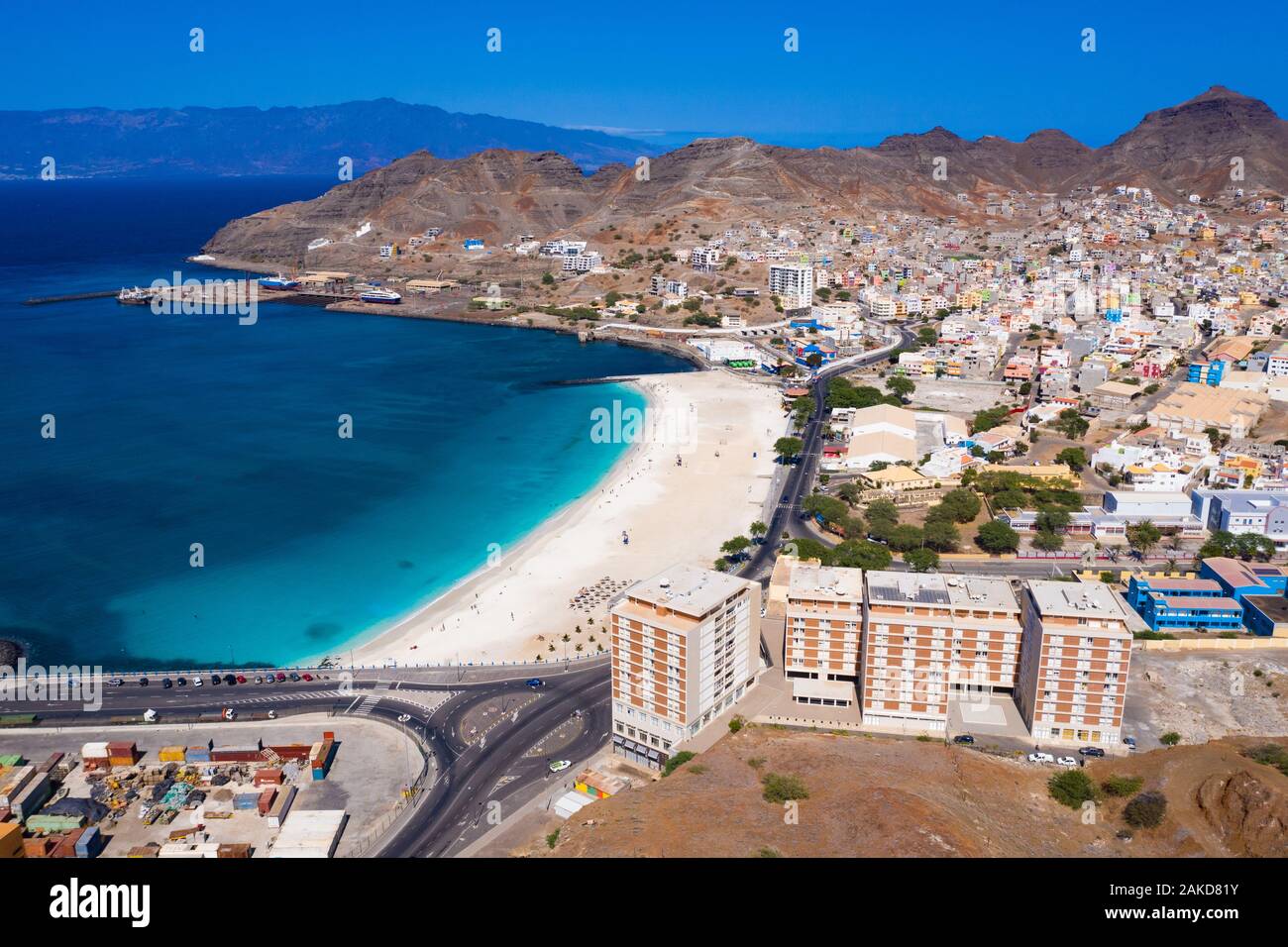 Aerial view of Laginha beach in Mindelo city in Sao Vicente Island in ...