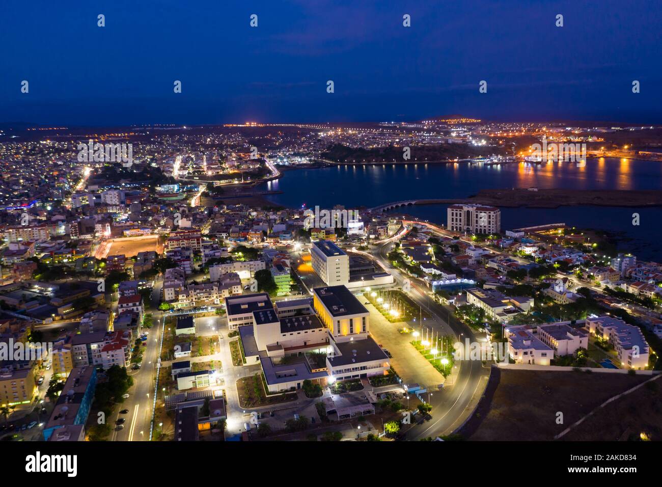 Night aerial view of Praia city in Santiago in Cape Verde Islands (Cabo ...